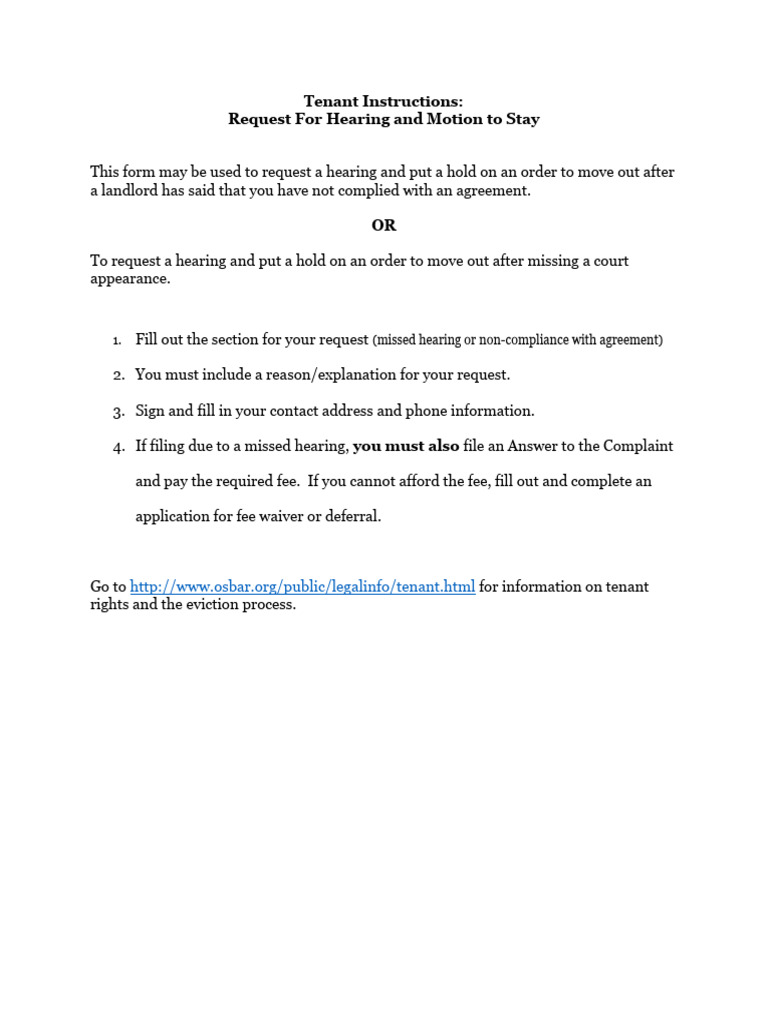 Tenant Hearing Request & Stay Motion Form | PDF | Landlord | Judiciaries