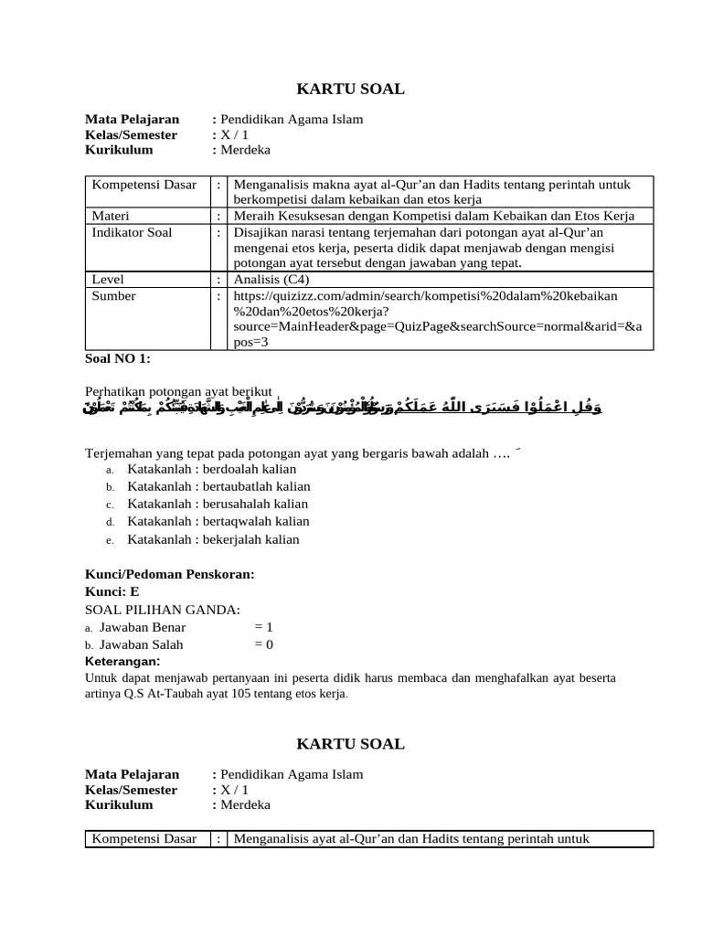 Kartu Soal Pai Kelas X | PDF