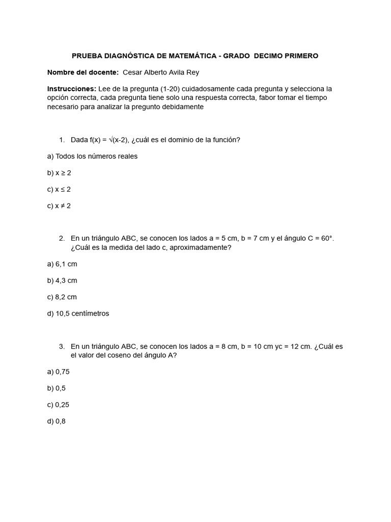 PRUEBAS DIAGNÓSTICAS mate 11 | PDF | Curva | Análisis matemático