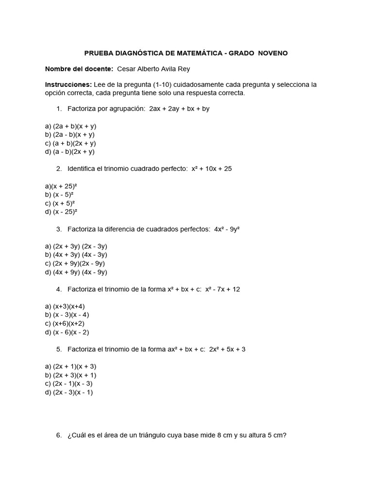 PRUEBAS DIAGNÓSTICAS Mate 9 | PDF