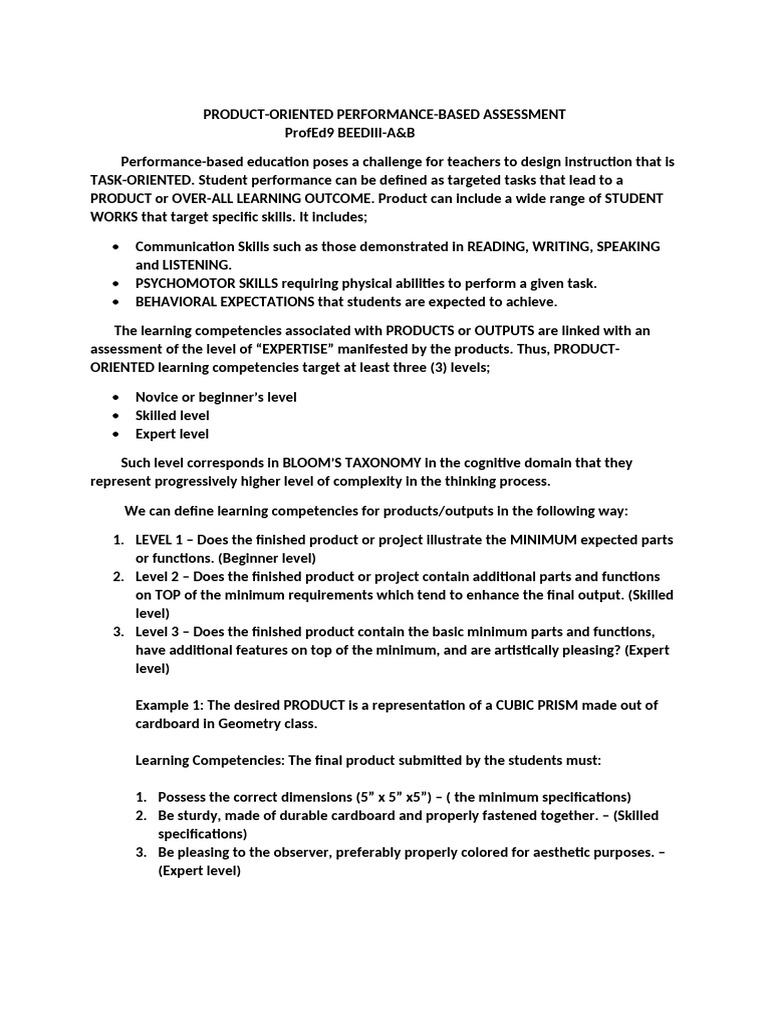 PRODUCT ORIENTED Performance Based Assessment PROF - Ed9 | PDF | Expert ...