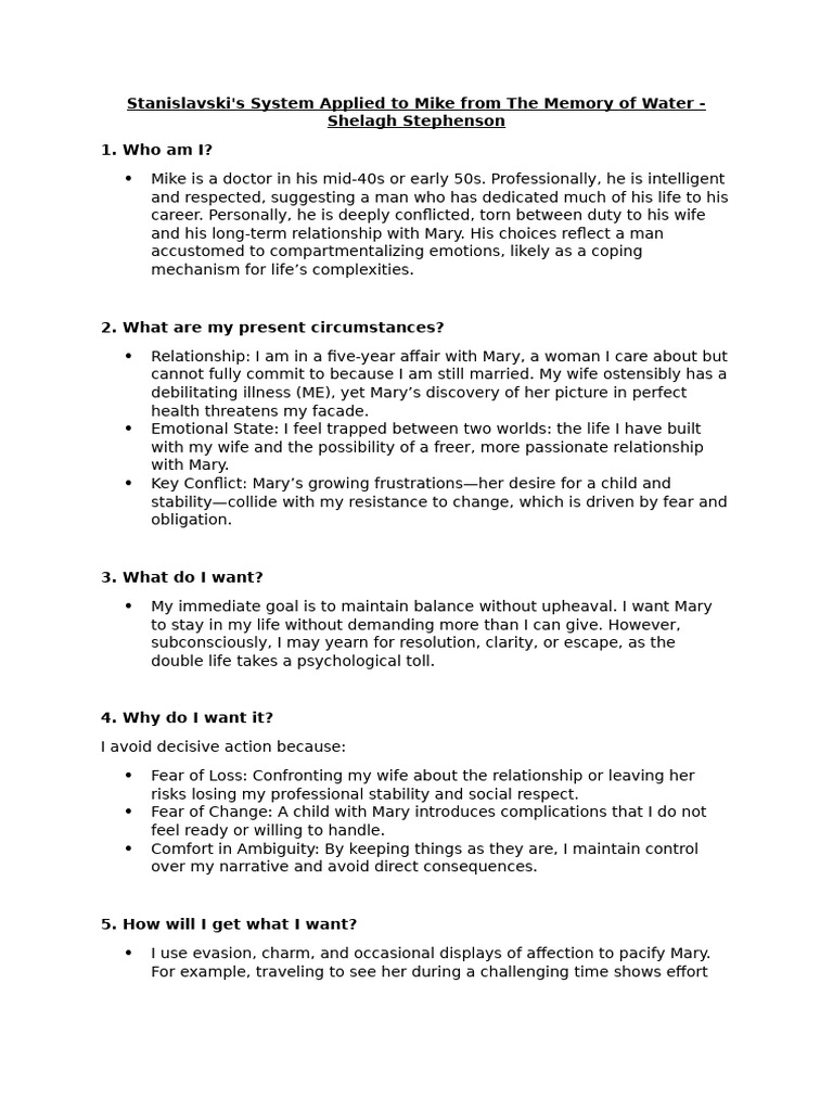 Mike Memory of Water - Character Development Sheet Stanisavski | PDF ...