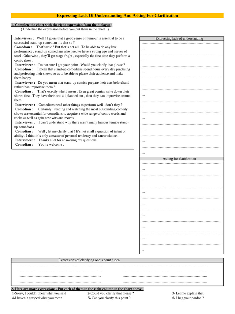 Expressing Lack of Understanding and Asking For Clarification Lesson ...