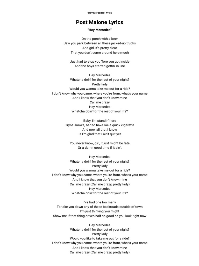 Post Malone - Hey Mercedes Lyrics | PDF