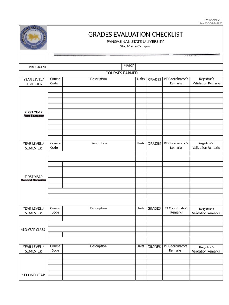Pangasinan State University Grades Checklist | PDF