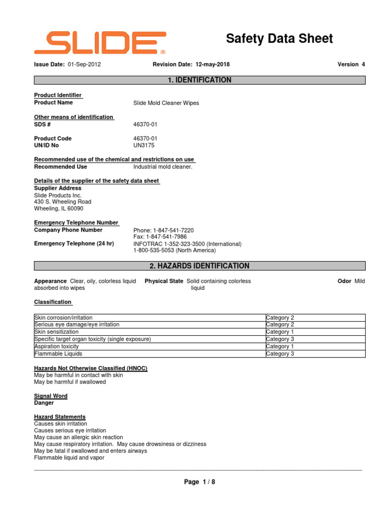 Slide 463 Mold Cleaner Wipes OSHA GHS SDS | PDF | Personal Protective ...