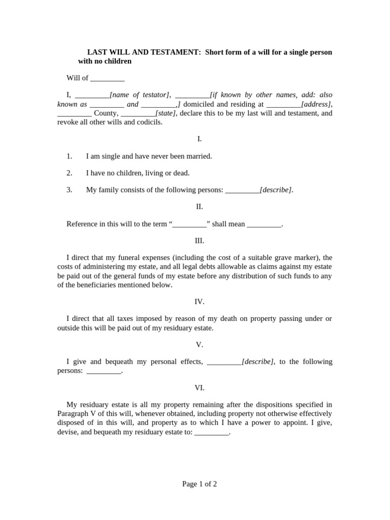 Simple Will Template for Singles | PDF | Will And Testament | Legal ...