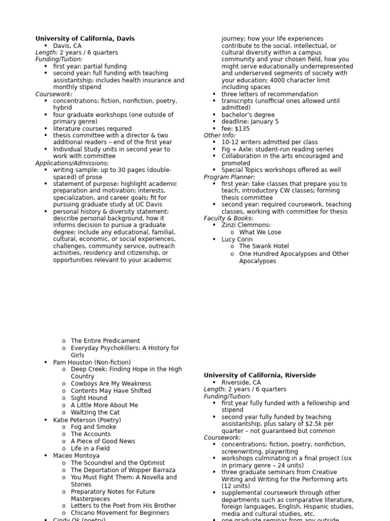 MFA Programs Overview: UC Davis, Riverside, OSU, Irvine | PDF | Thesis ...