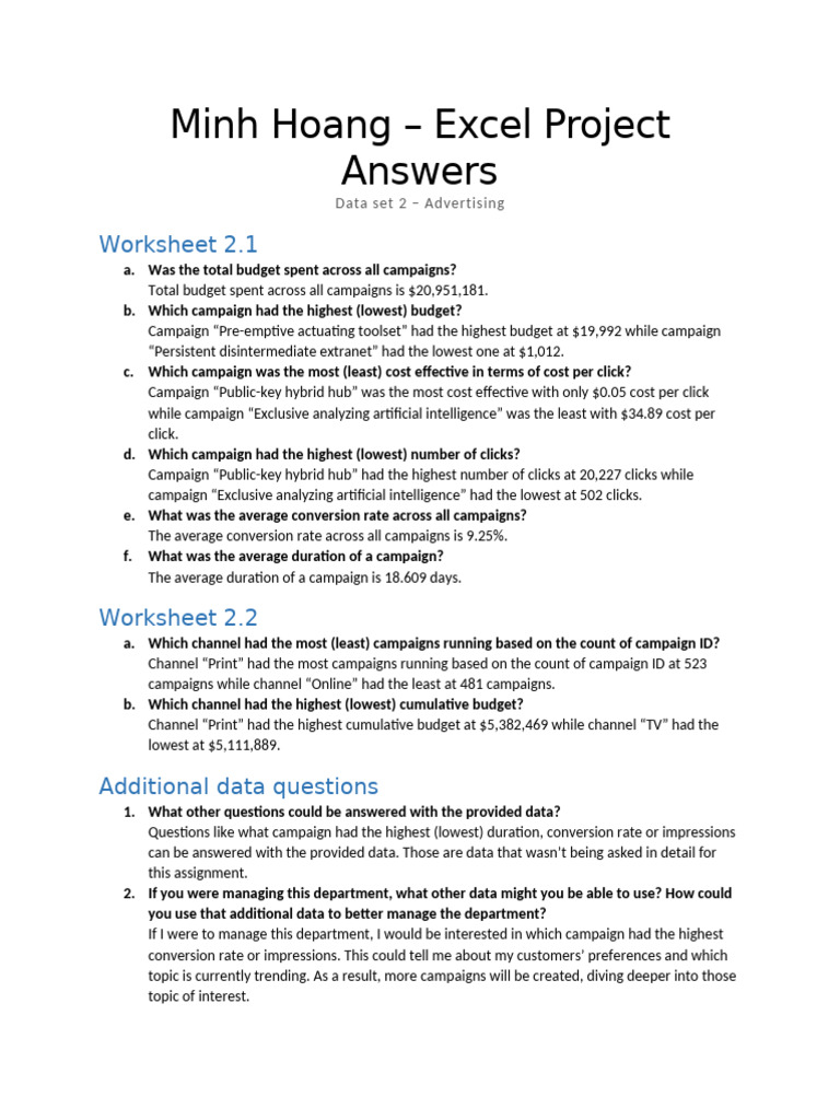 Minh Hoang - Excel Answers Data Set 2 | PDF