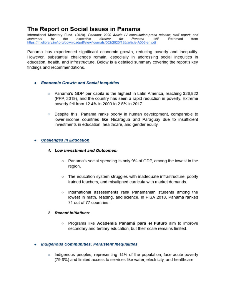 Report On Social Issues in Panama | PDF | Poverty | Poverty & Homelessness