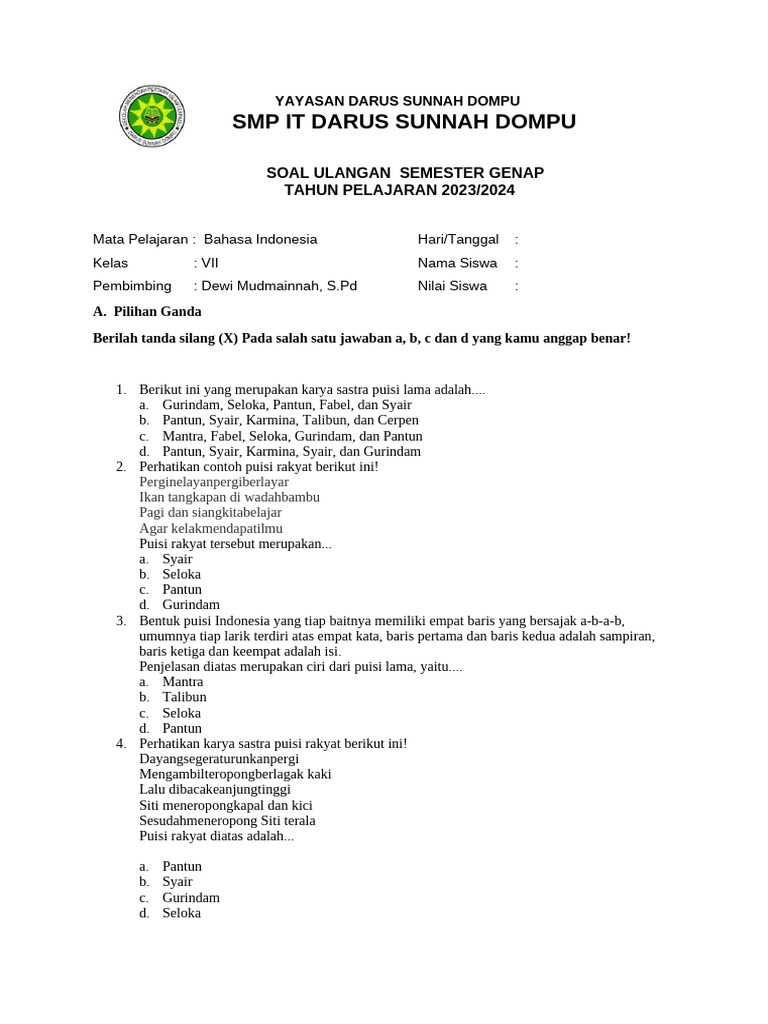 Soal B.indo KLS 7 2024 | PDF