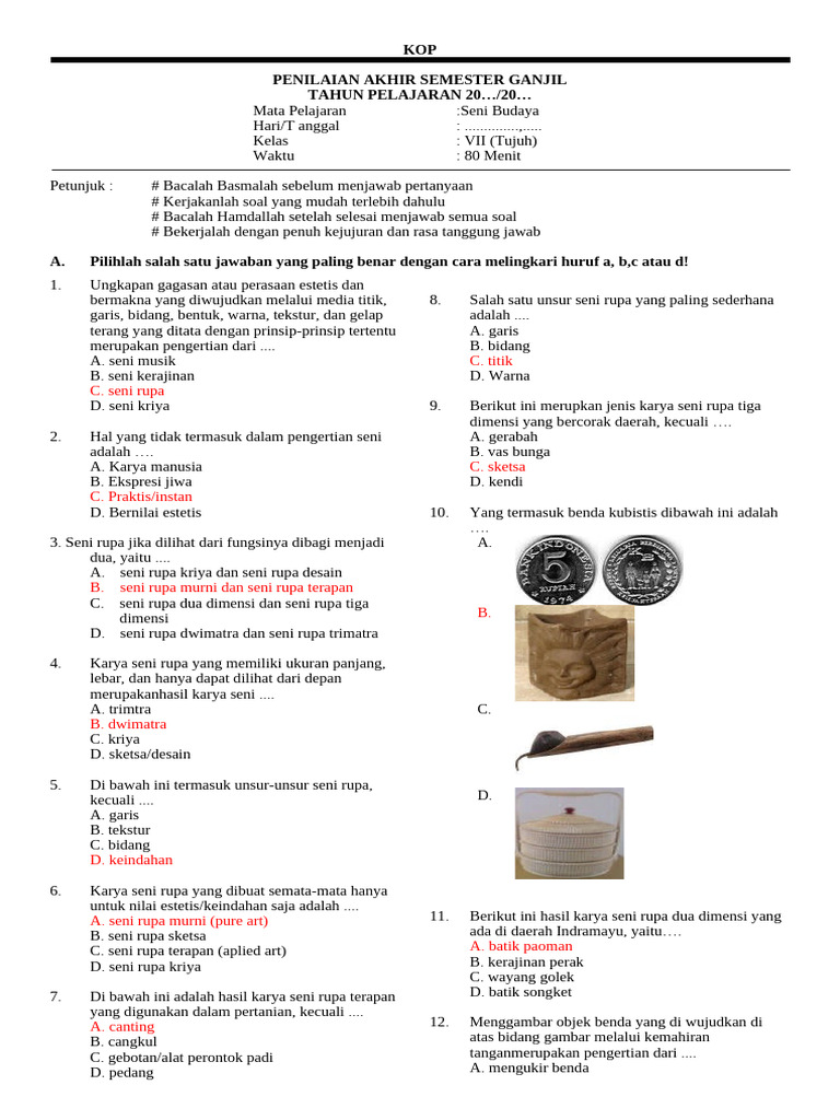 14. Soal PAS Seni Budaya Kelas 7 Semester 1 | PDF