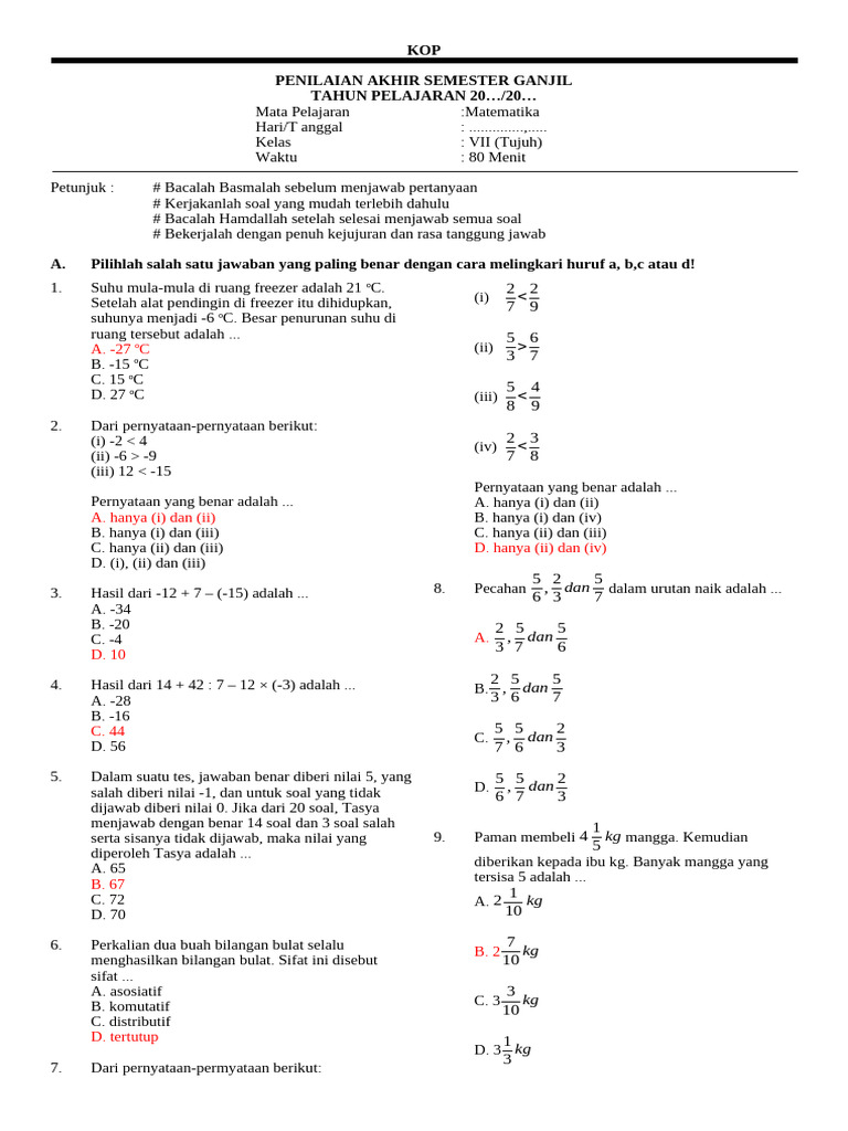 Soal PAS Matematika Kelas 7 Semester 1 | PDF