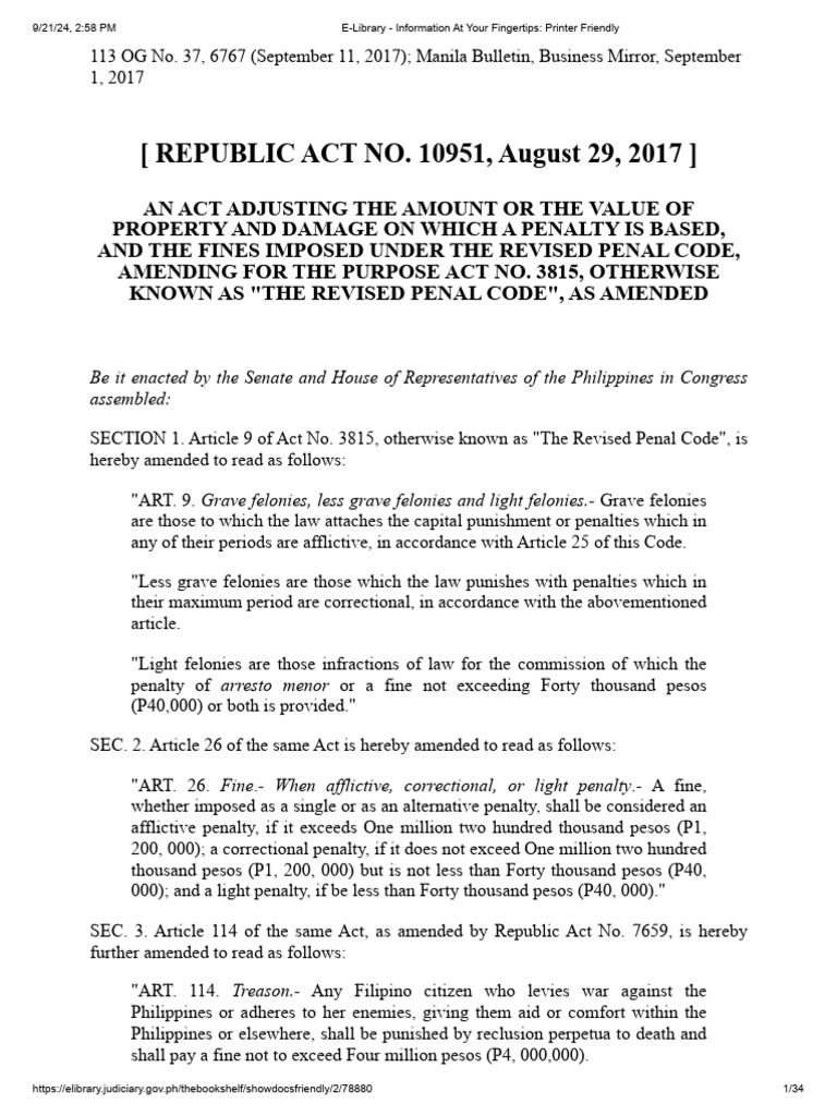 E Library Revised Penal Code Amendments | PDF | Treason | Fineness