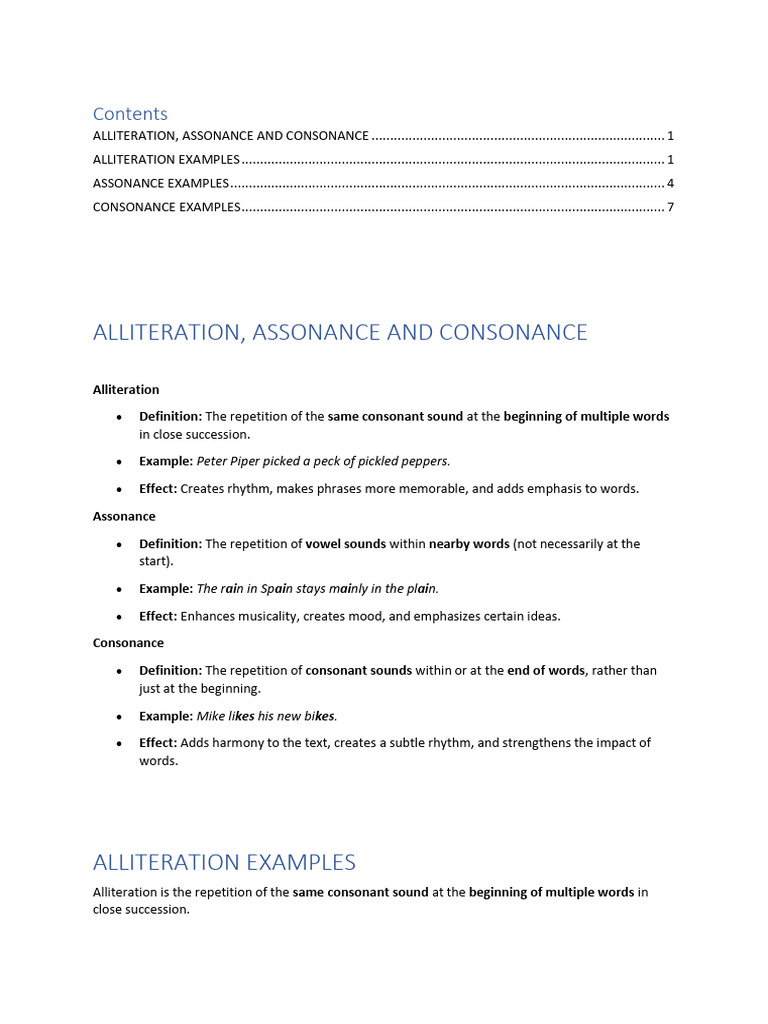 Alliteration Assonance Consonance | PDF | Word | Poetic Devices