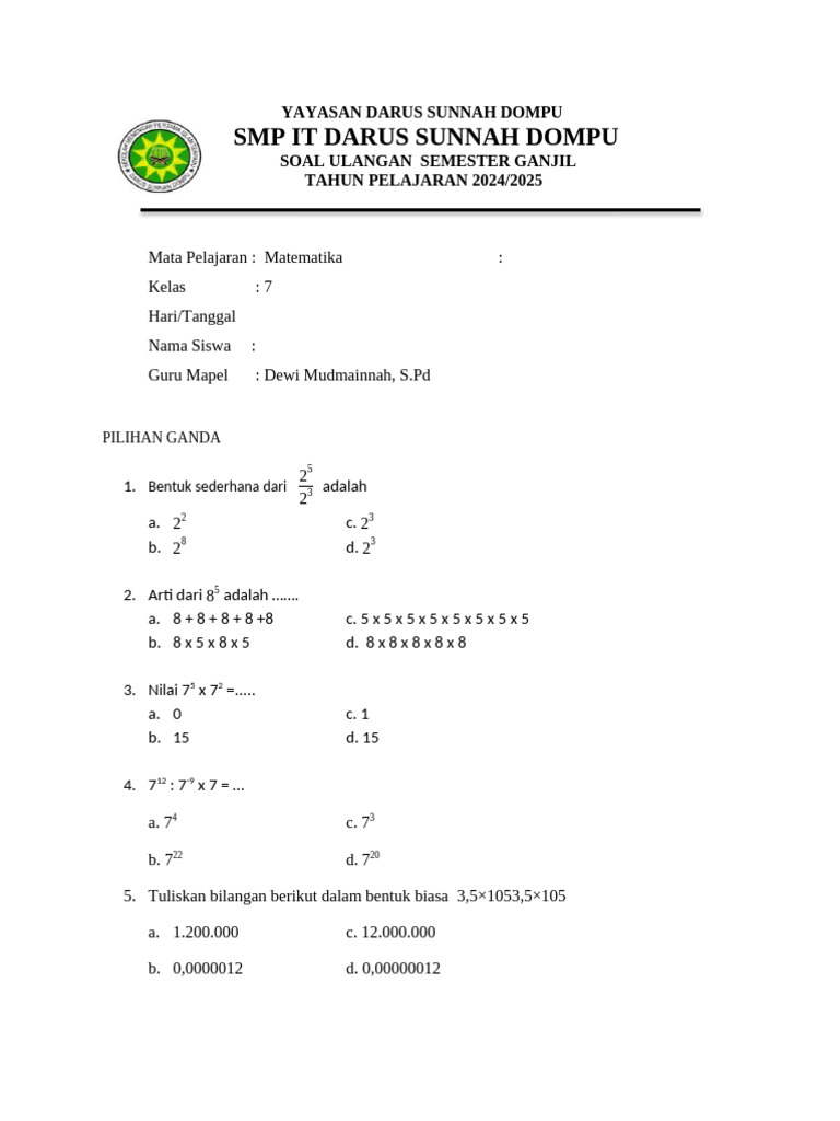 SOAL PAS MTK KLS 9 | PDF