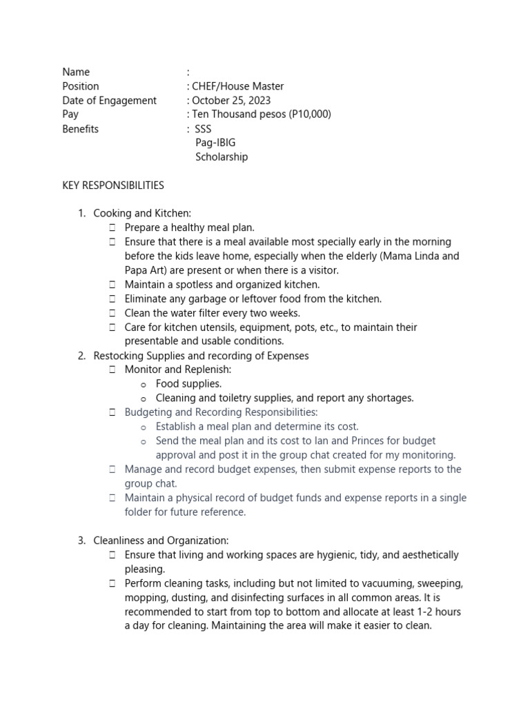 Chef House Master Responsibilities Guide | PDF | Kitchen | Waste