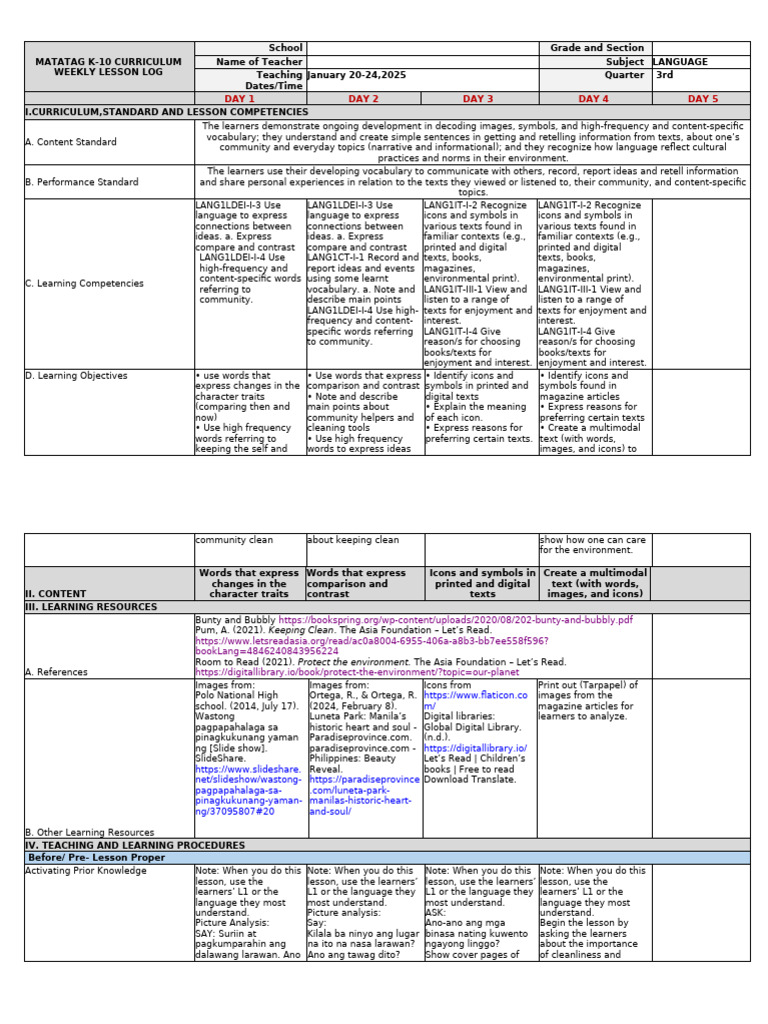 DONE -LANGUAGE W6 | PDF | Vocabulary | Curriculum