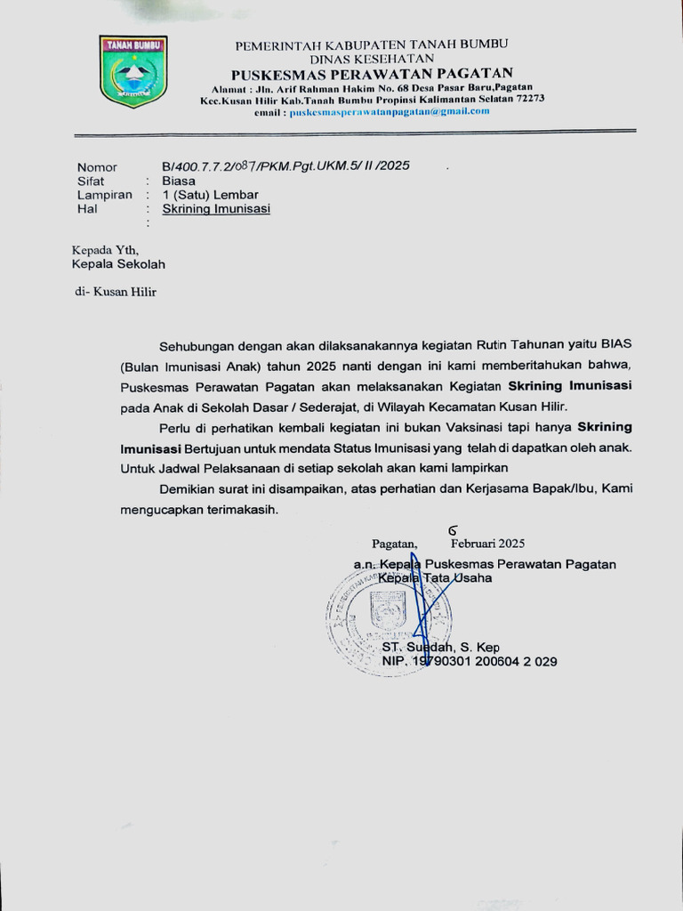 Surat Pemberitahuan Skirining Imunisasi Di Sekolah SD Sederajat | PDF
