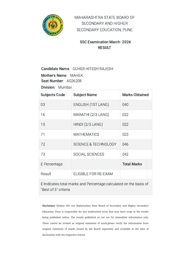 SSC Result 2024 - Msbshse, Pune | PDF