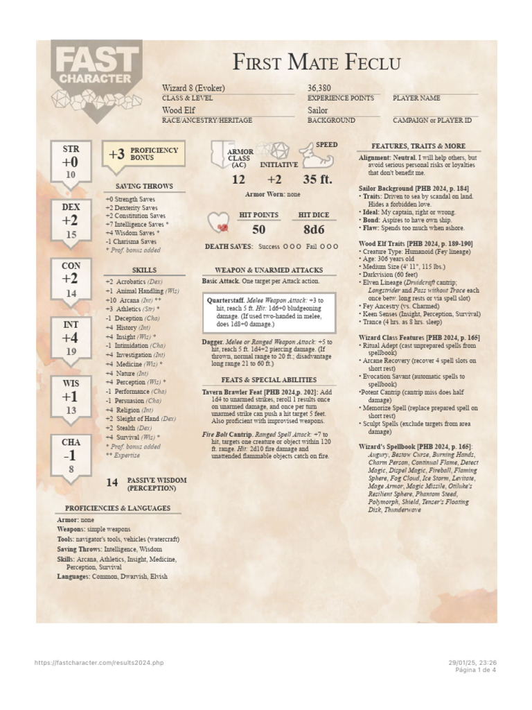 Fast Character - Wood Elf Wizard 8 (Evoker) - PHB 2024 | PDF | Dungeons & Dragons | Wizards Of ...