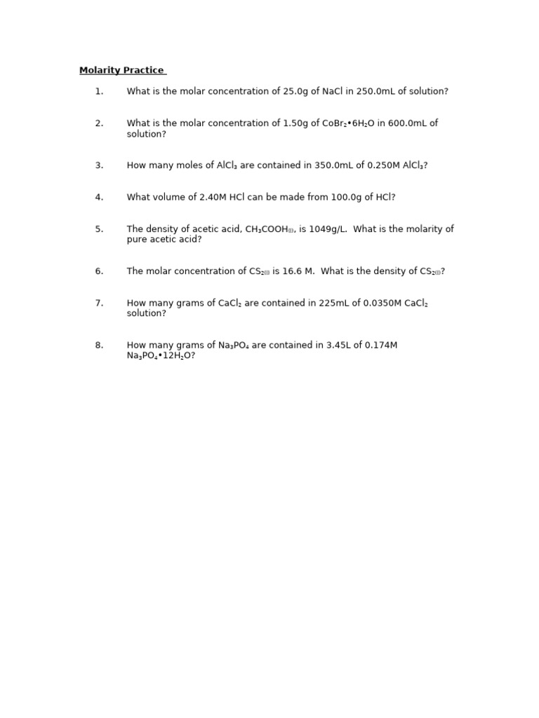 Chemistry Molarity & Dilutions Practice | PDF