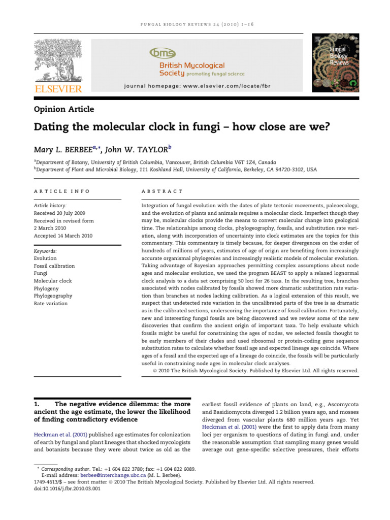 berbee_2010_datingmolecularclockfungi | PDF | Fungus | Molecular ...