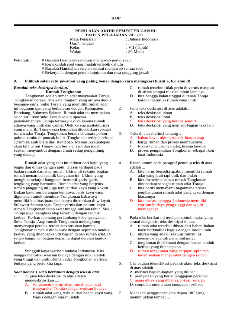 02. Soal PAS Bahasa Indonesia Kelas 7 Semester 1 | PDF