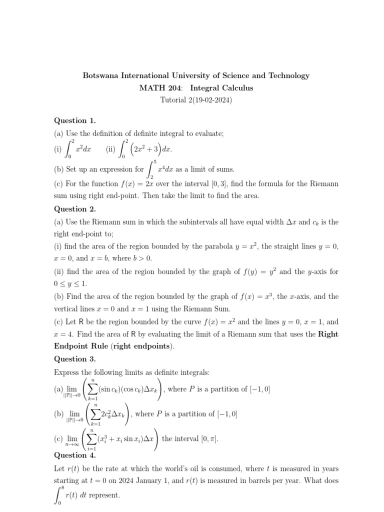 Integral Calculus Tutorial Questions | PDF