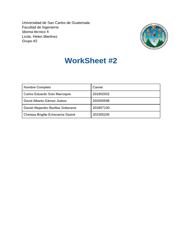 WorkSheet2 G#2 | PDF