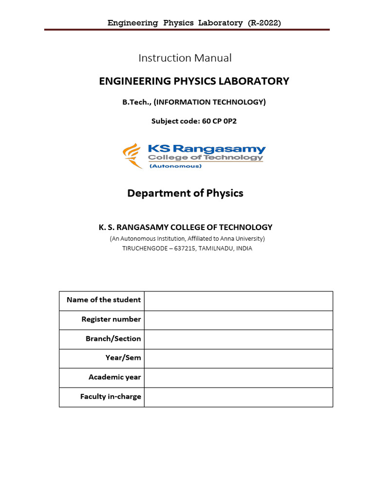 Physics Lab Manual B.tech - It - r2022 | PDF | Diode | Diffraction
