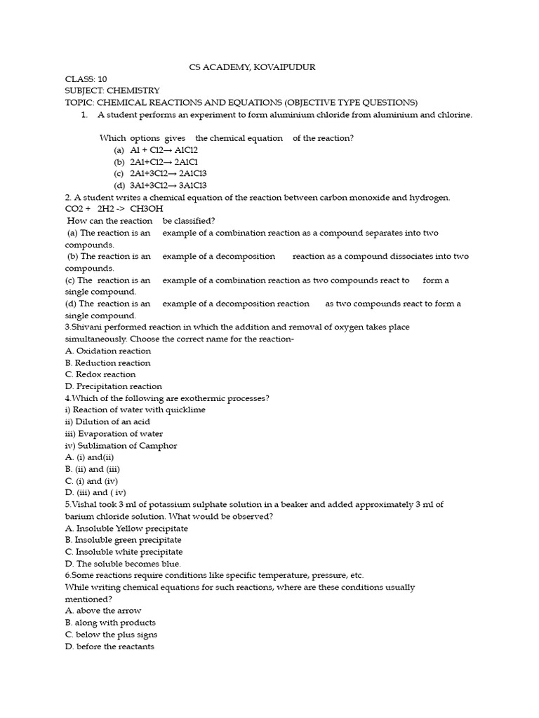 Class 10 Chemistry: Chemical Reactions Quiz | PDF | Chemical Reactions ...