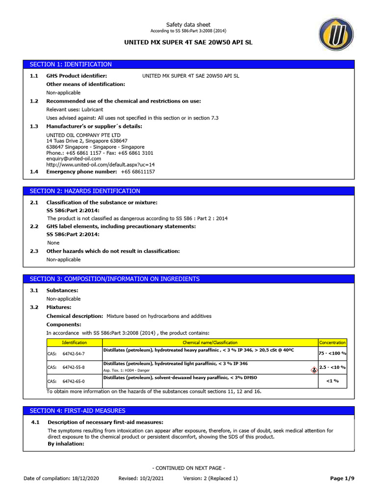 United MX Super 4t Sae 20w50 API SL - Sds (E) 4117 | PDF | Chemical ...