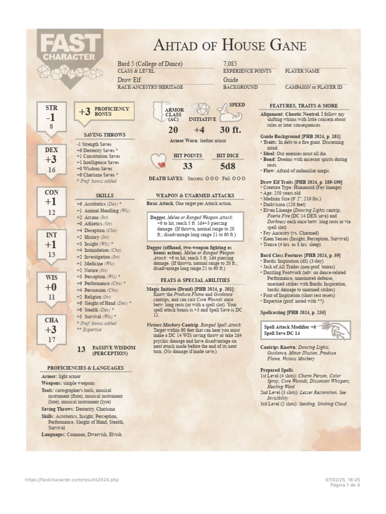 Fast Character - Drow Elf Bard 5 (College of Dance) - PHB 2024 | PDF ...