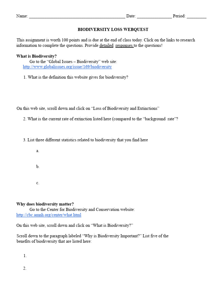 Biodiversity Loss Webquest | PDF