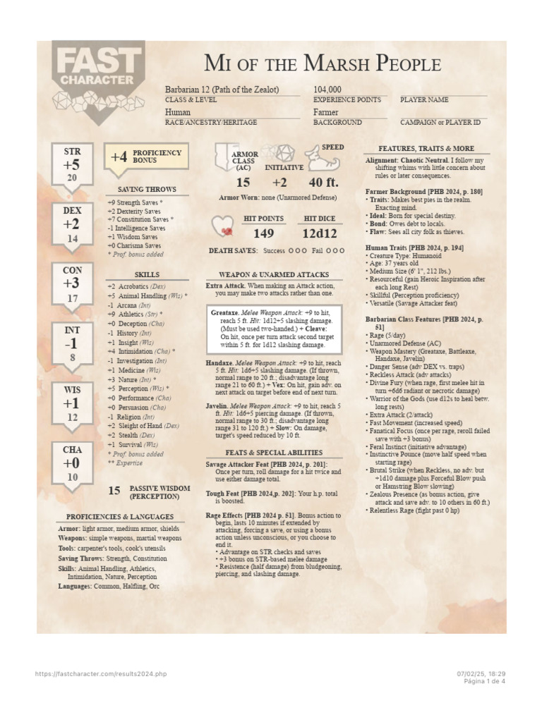 Fast Character - Human Barbarian 12 (Path of The Zealot) - PHB 2024 ...