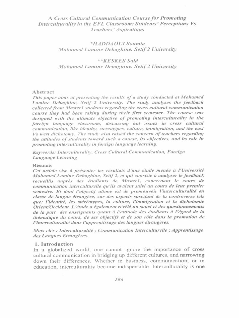 A Cross Cultural Communication Course For Promoting Interculturality in The Efl Classroom ...