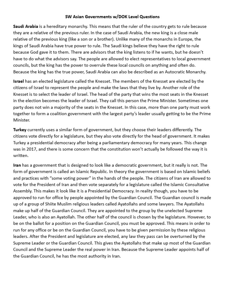 Treasure Adesoji - (A) SW Asian Governments W - DOK Level Questions ...