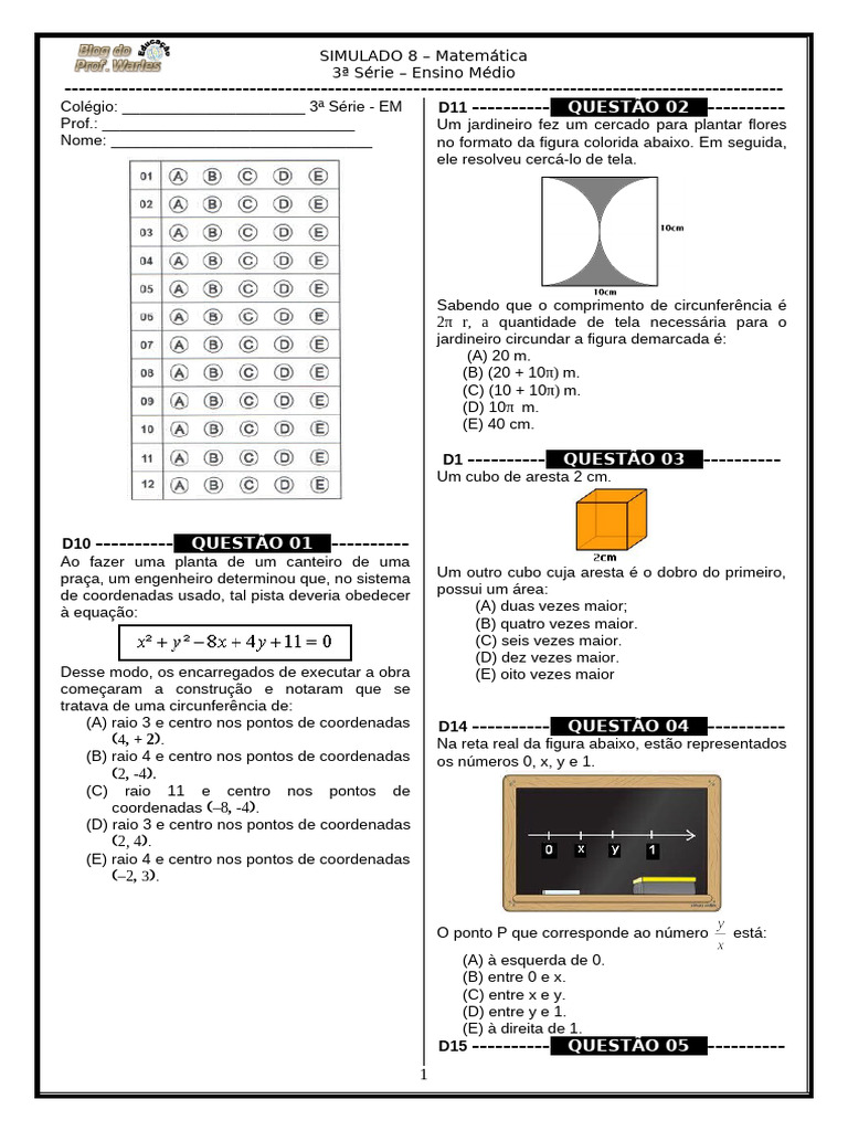 Simulado 8 - (Mat. 3 Série EM) - Blog Do Prof. Warles | PDF | Matemática