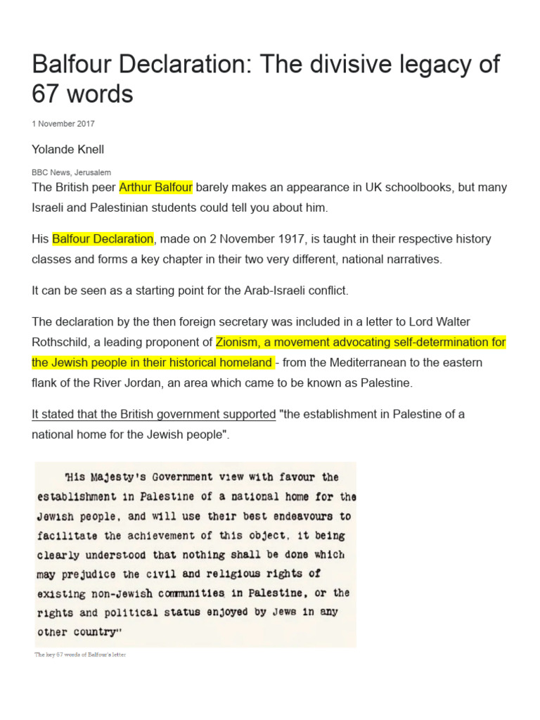 Balfour Declaration - The Divisive Legacy of 67 Words | PDF | Mandatory ...