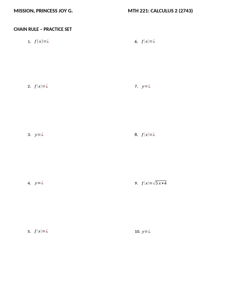 Chain Rule Practice Set for Calculus 2 | PDF