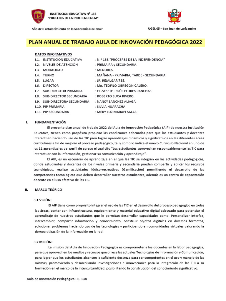 Plan Anual de Trabajo Aip-Crt - Ie-138 | PDF | Enseñando | Tecnología ...