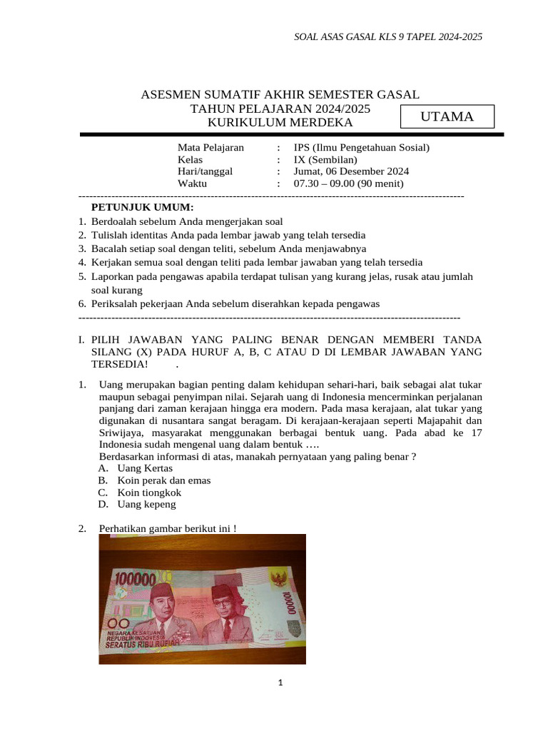 UTAMA - SOAL ASAS GASAL IPS KLS 9 24-25 | PDF