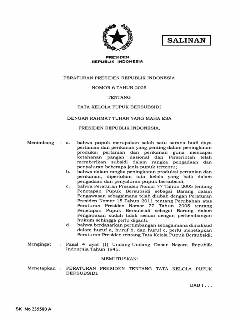 Perpres Nomor 6 Tahun 2025 | PDF