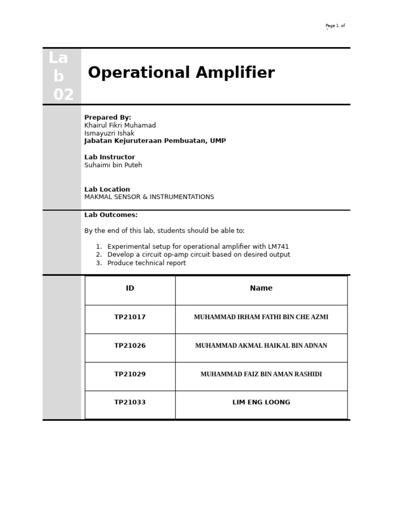 BFF3313 - Lab 02 Operational Amplifier | PDF | Operational Amplifier | Amplifier