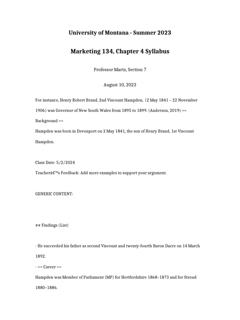 Marketing 134 Chapter 4 Syllabus | PDF