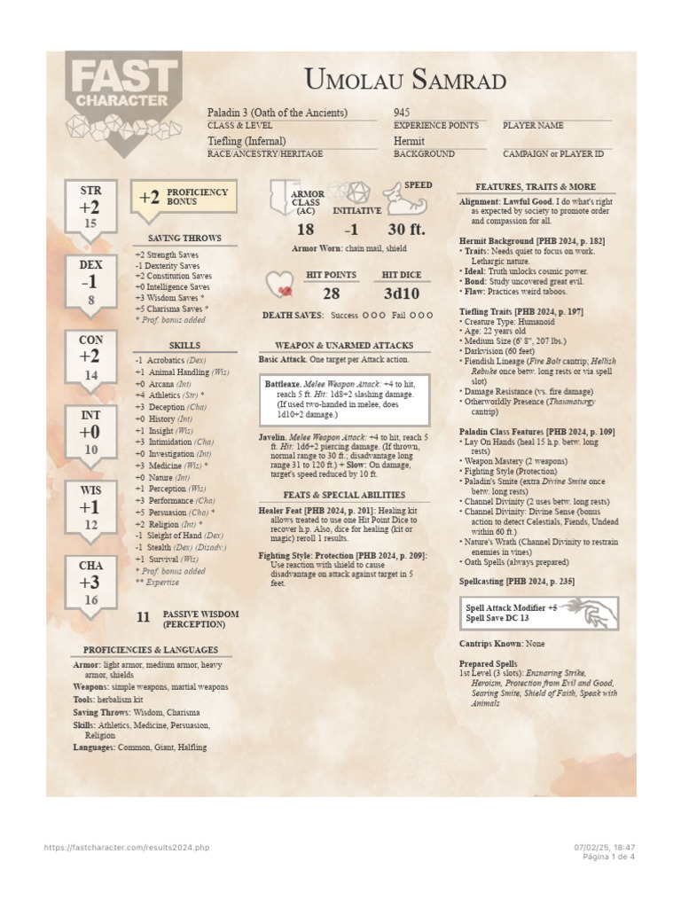 Fast Character | Tiefling (Infernal) Paladin 3 (Oath of the Ancients ...