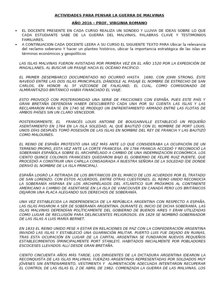 Actividades para Pensar La Guerra de Malvinas | PDF | Argentina | Reino ...