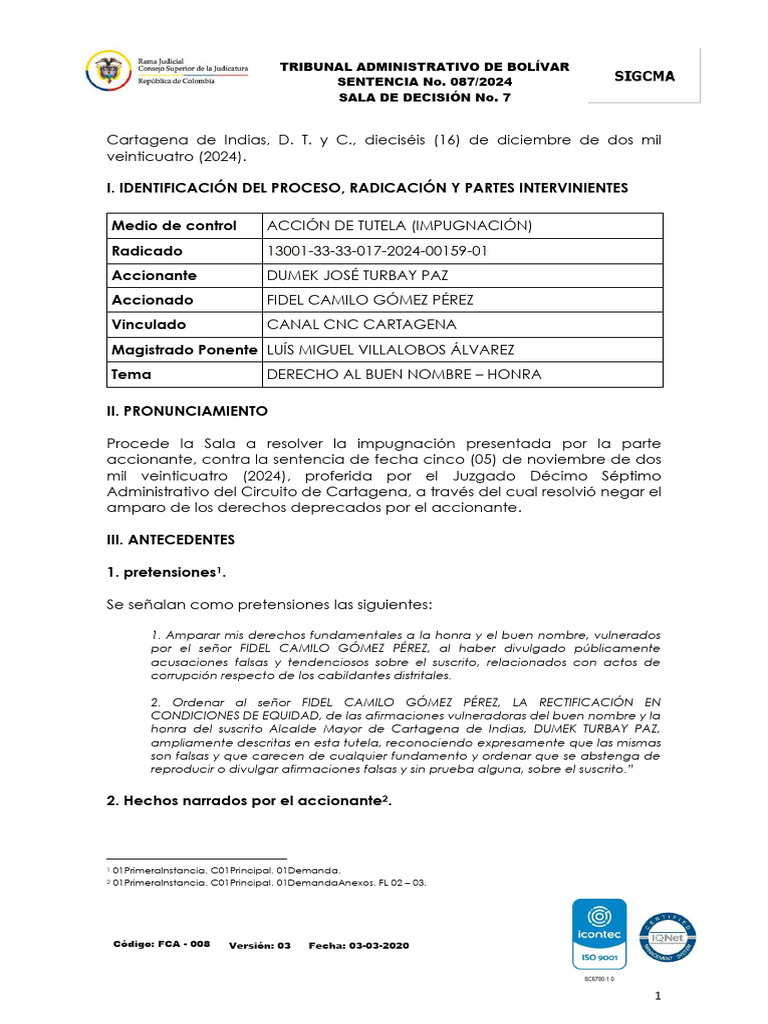 Sentencia Impugna Tutela Fidel Camilo Dumek Turbay | PDF | Caso de ley ...