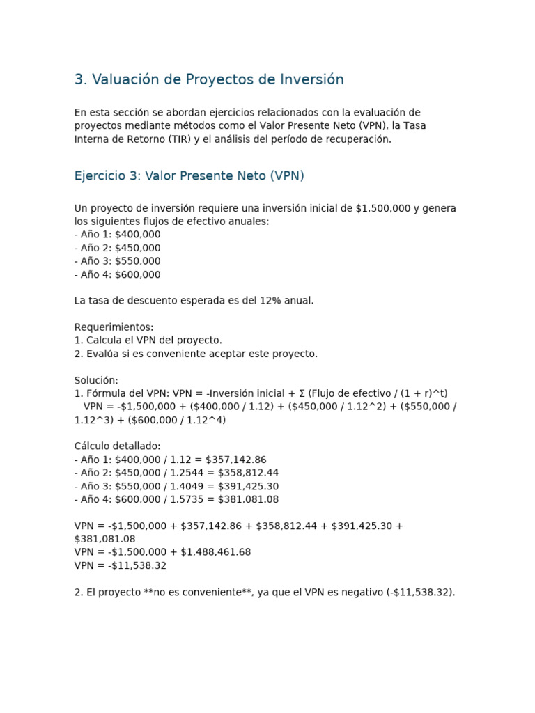 Ejercicio - Valor Presente Neto (VPN) | PDF